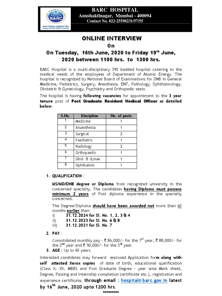 BARC Hospital Announces Online Interviews for Various Post Graduate Resident Medical Officer ...