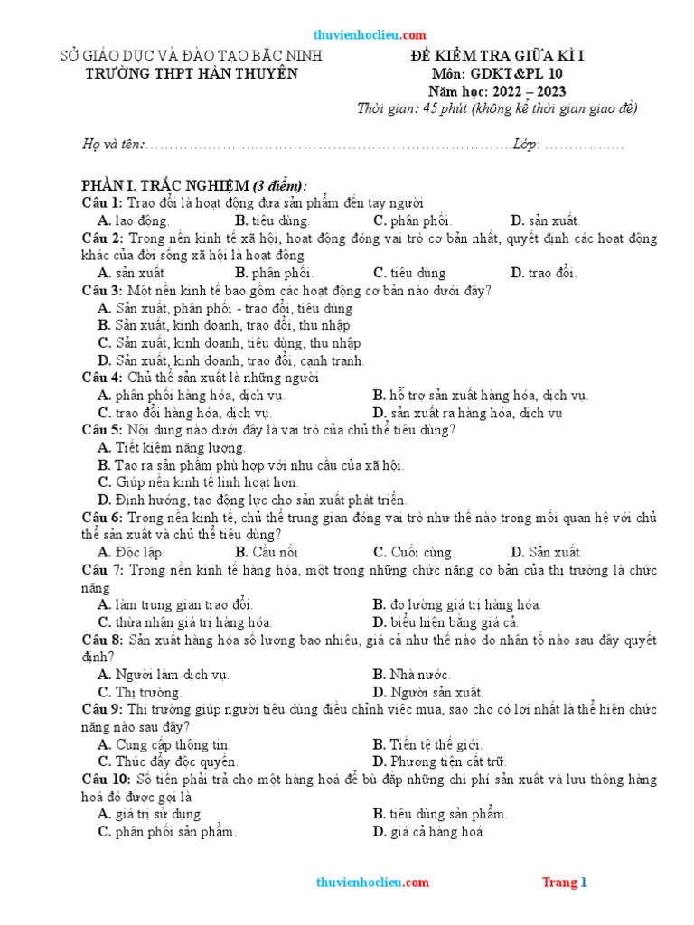 De KT Giua HK1 GDCD 10 So GD Bac Ninh 2022 2023 | PDF