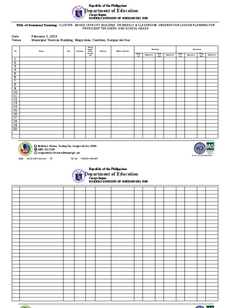 007-Attendance Sheet For Trainings-V5 | PDF