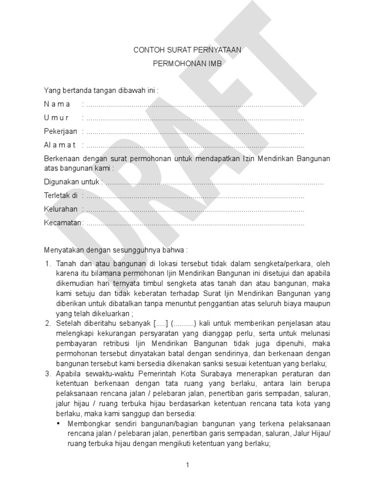 Surat Pernyataan Permohonan Imb | PDF | Pengelolaan Keuangan & Uang | Hukum