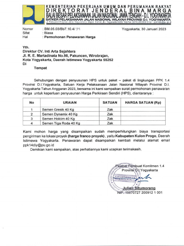 CV - Inti Arta Sejahtera - Permh - PenawaranHarga | PDF