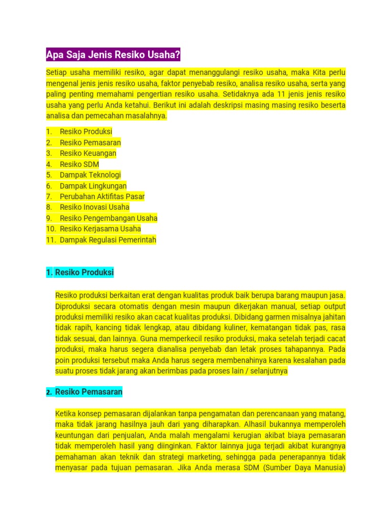 Jenis-Jenis Risiko Usaha yang Penting | PDF