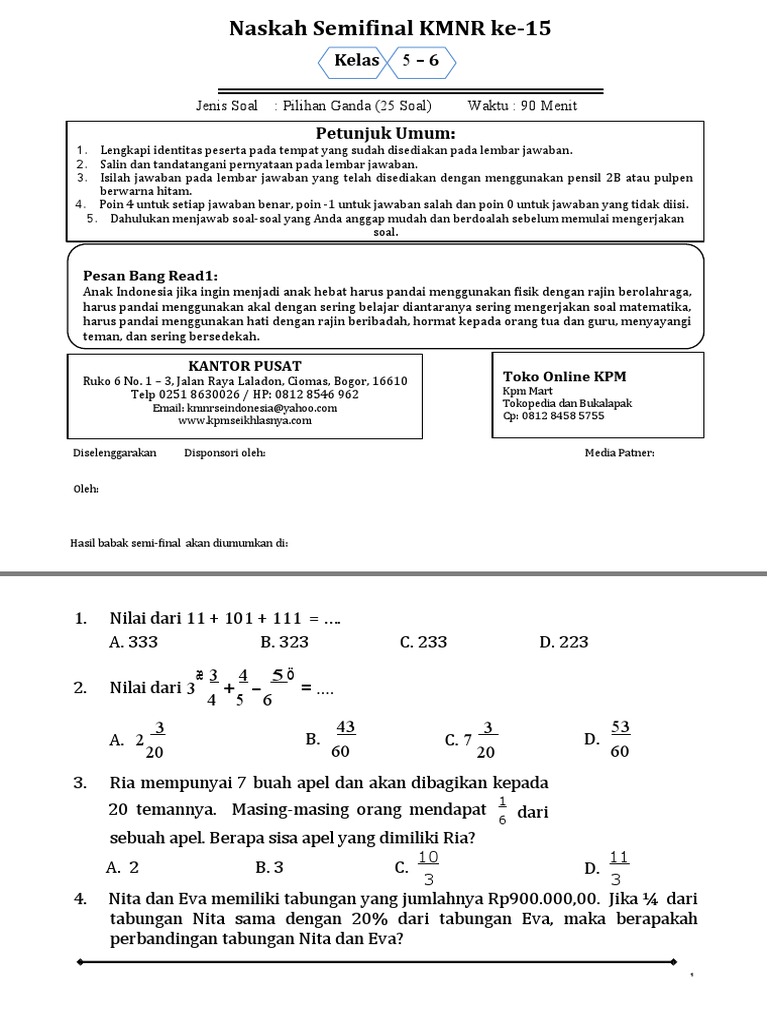 Soal Semifinal KMNR 15 - Kelas 5-6 | PDF
