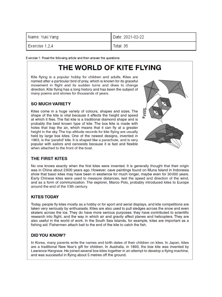 Yongqi (Yuki) YANG - Comprehension and Summary Writing | PDF | Kite | Human