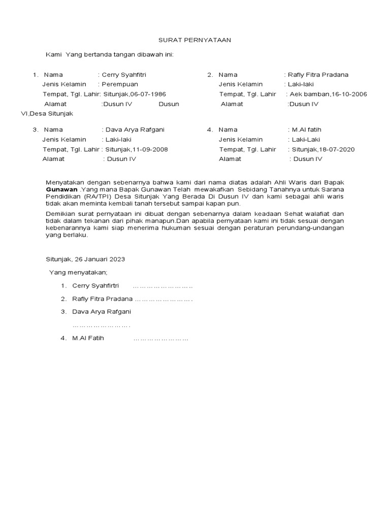 Surat Pernyataan Pak Gunawan | PDF