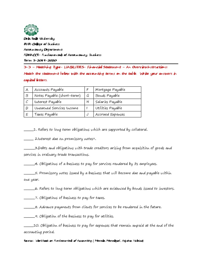 Exercise 3-4 - LIABILITIES - Matching Type - Financial Statement - An Overview | PDF