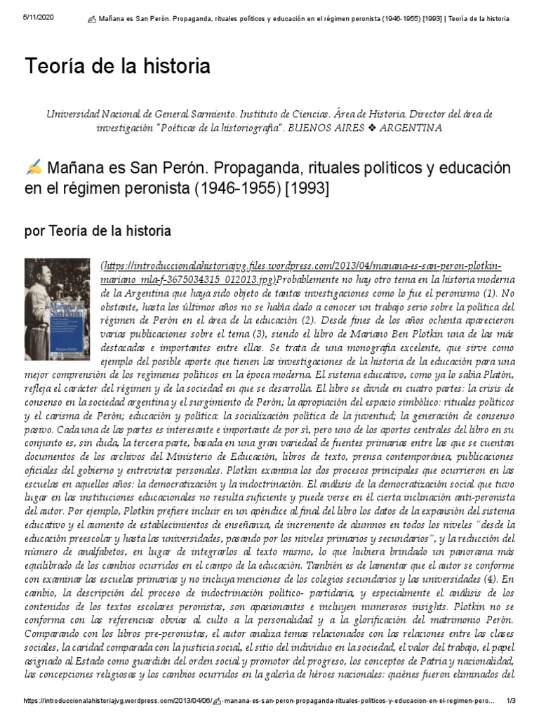 Mañana Es San Perón. Propaganda, Rituales Políticos y Educación en El ...