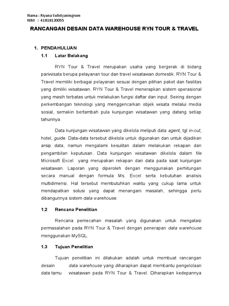 Desain Data Warehouse RYN Tour & Travel | PDF