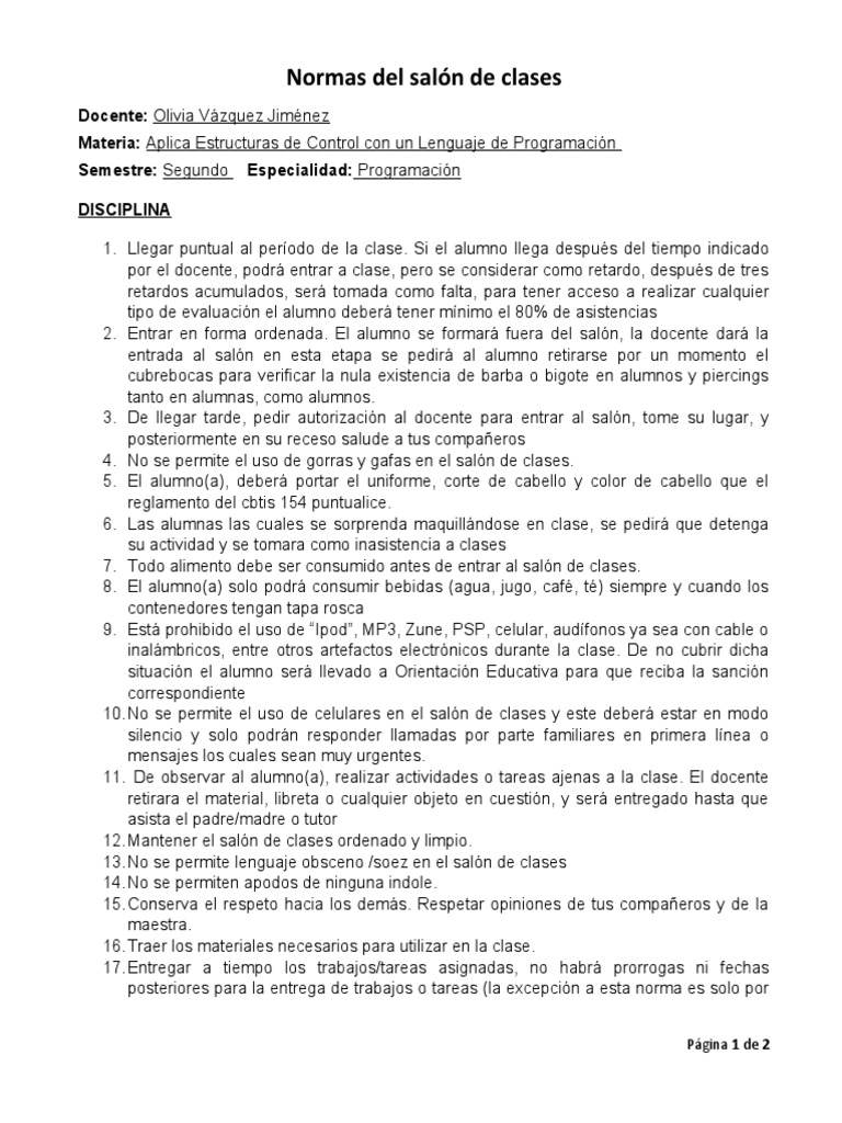 Reglas Del Salón de Clases Febrero-Agosto 2023 | PDF | Prueba (evaluación)