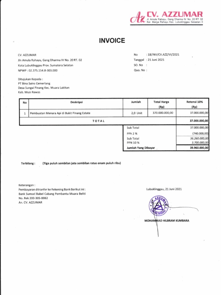 Contoh Invoice Pembayaran Retensi | PDF