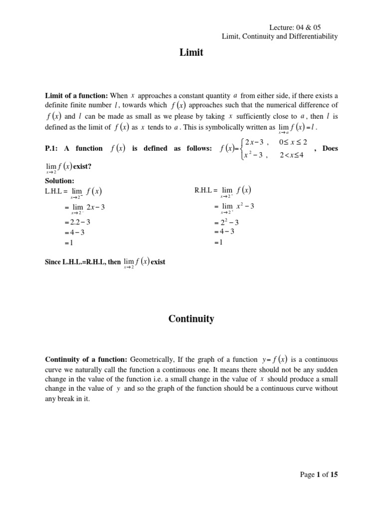 Limit Continuity And Differentiability Of A Function At A Point Pdf Continuous Function