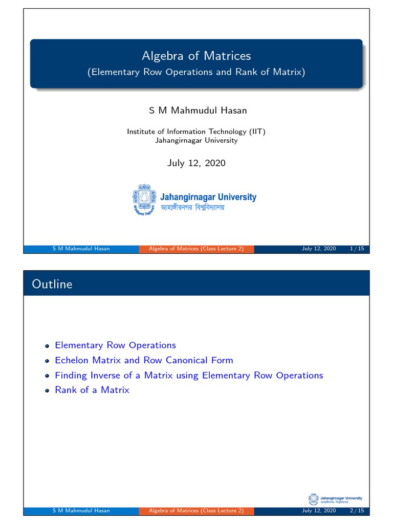 Elementary Row Operations and Rank of Matrix (Handout) | PDF | Matrix (Mathematics) | Abstract ...