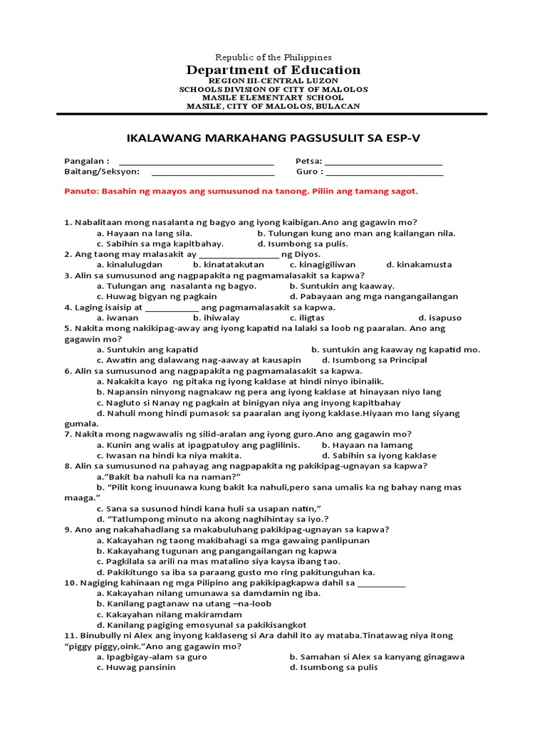 2nd Grading Exam - ESP 5 | PDF