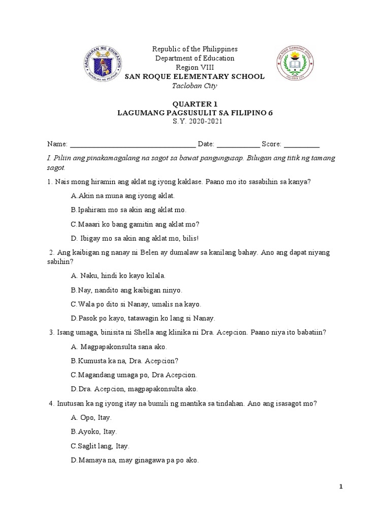 Summative Test Sa Filipino 6 Pdf - Coronatodays