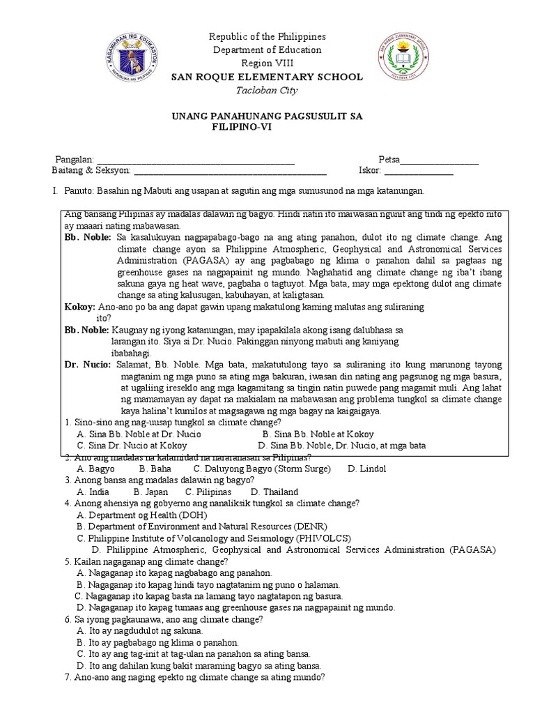 1st QUARTER PERIODICAL TEST in FILIPINO 6 (Not Done) | PDF