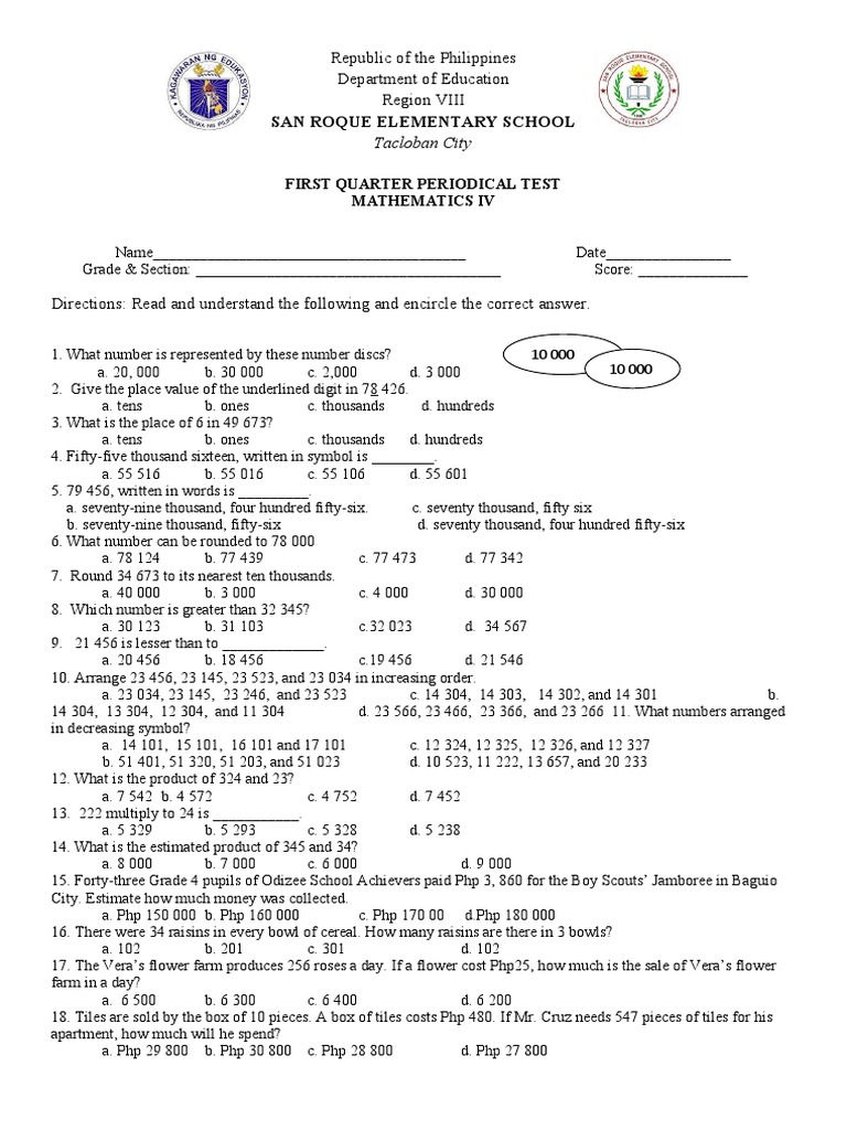 1st QUARTER PERIODICAL TEST IN MATH 4 | PDF | Division (Mathematics ...