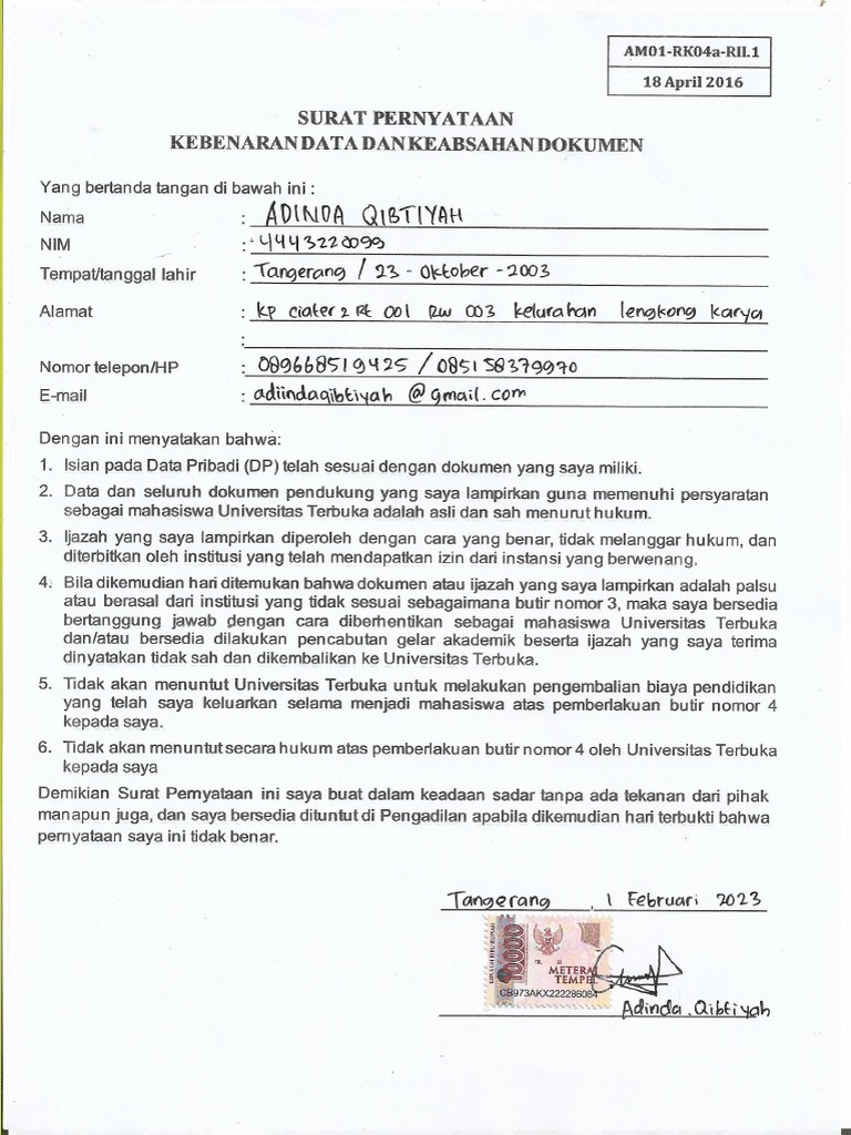 Surat Pernyataan Ut | PDF