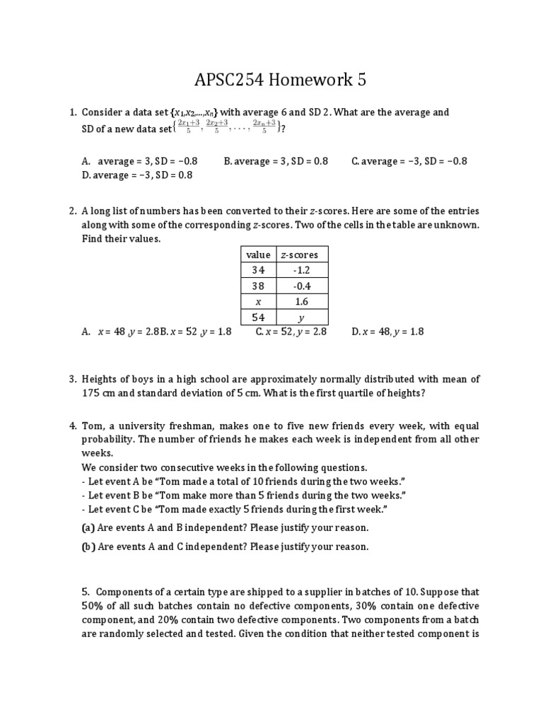 APSC254 Homework Problems | PDF | Standard Score | Expected Value