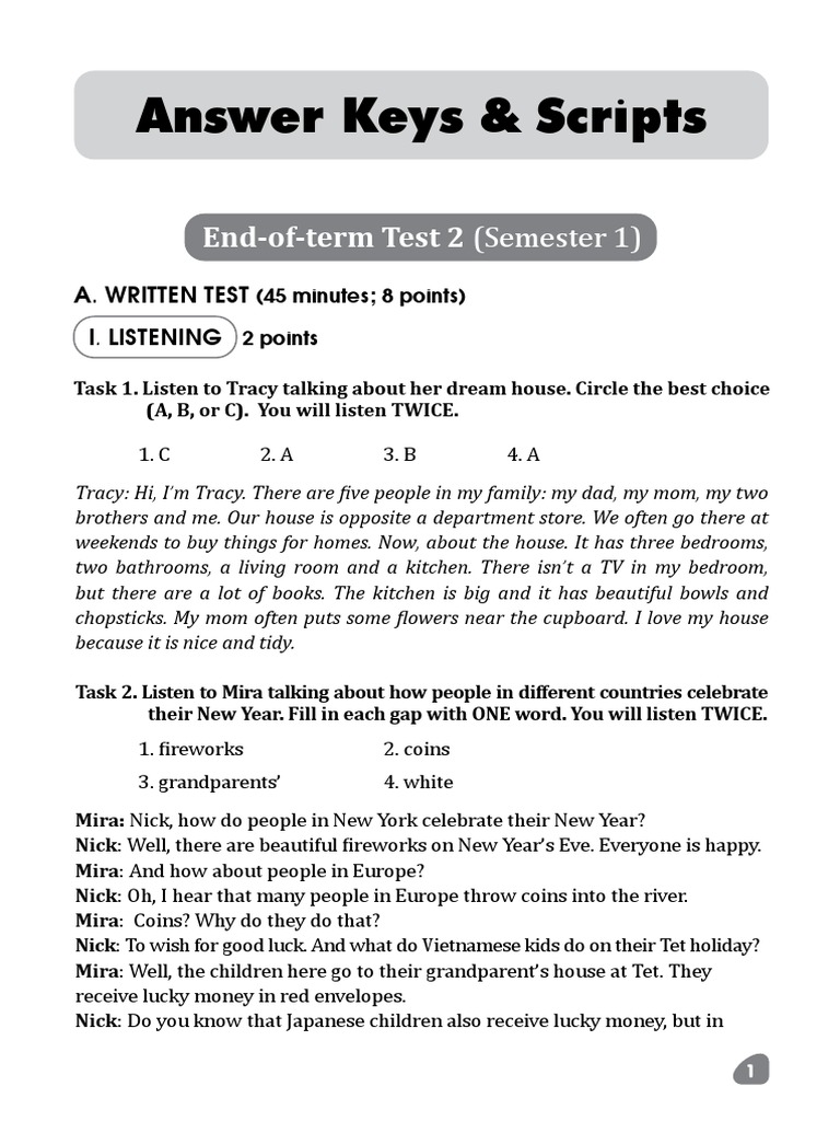 Answer Key and Script for End-of-Term Test 2 (Semester 1) - Provides ...