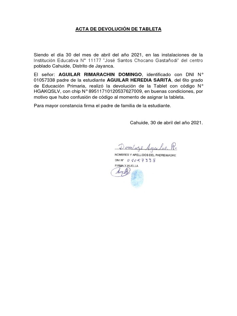 ACTA DE DEVOLUCIÓN DE TABLETA | PDF