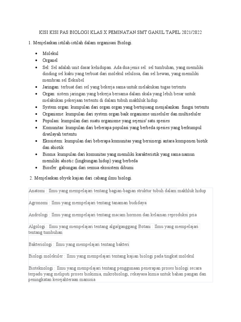 Kisi-Kisi PAS BIO Klas X Peminatan | PDF | Sains & Matematika
