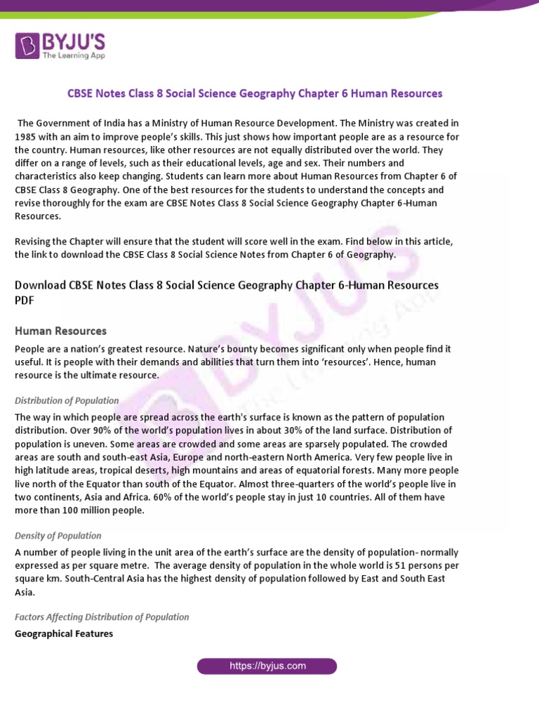 CBSE Notes Class 8 Social Science Geography Chapter 6 Human Resources ...