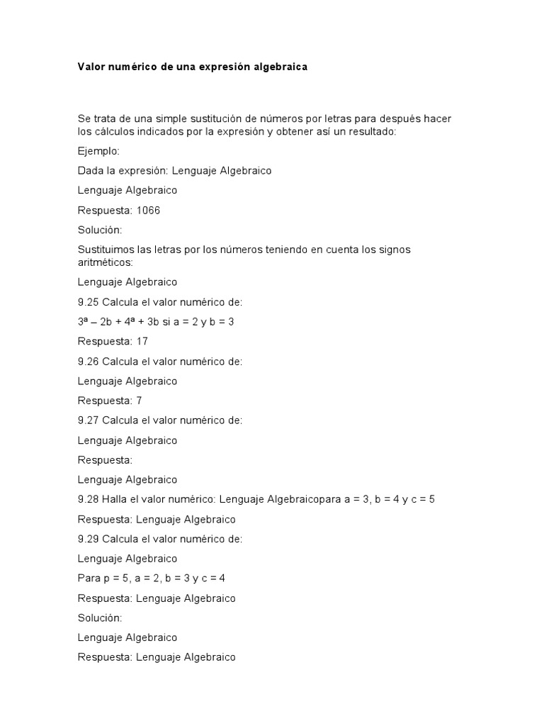 Valor Numérico de Una Expresión Algebraica | PDF