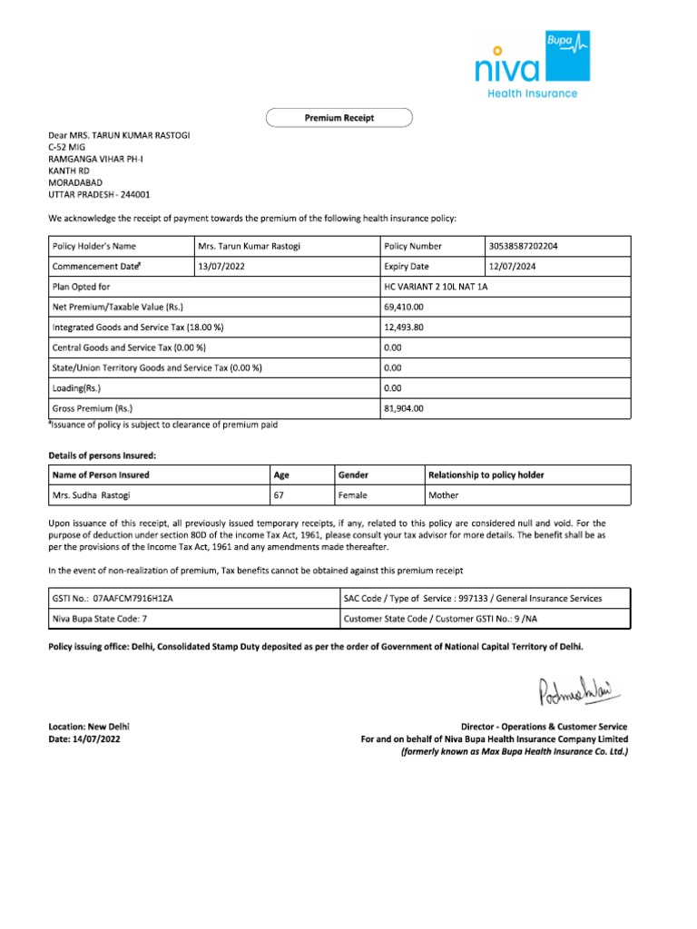 Mediclaim Premium Reciept | PDF