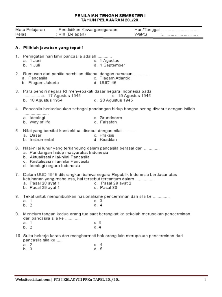 Soal PTS PKN Kelas VIII Ganjil | PDF | Perjalanan | Kajian Bahasa Asing