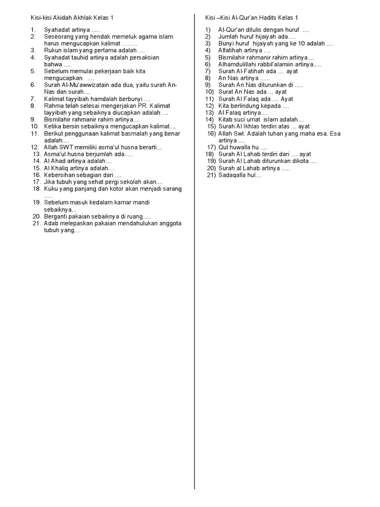 Kisi Kisi Akidah Akhlak Kelas 1 Semster Ganjil | PDF