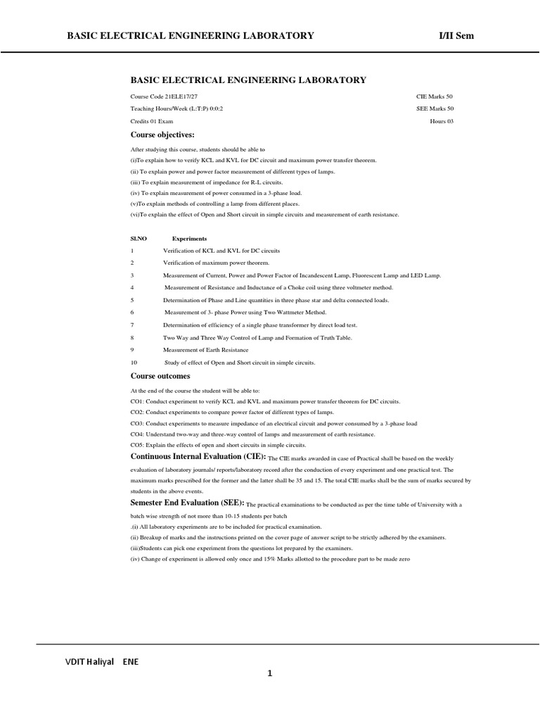 Lab Manual I Sem Basic Electrical | PDF | Voltage | Inductor