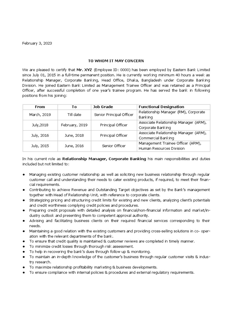 Sample Experience Letter | PDF | Banks | Credit