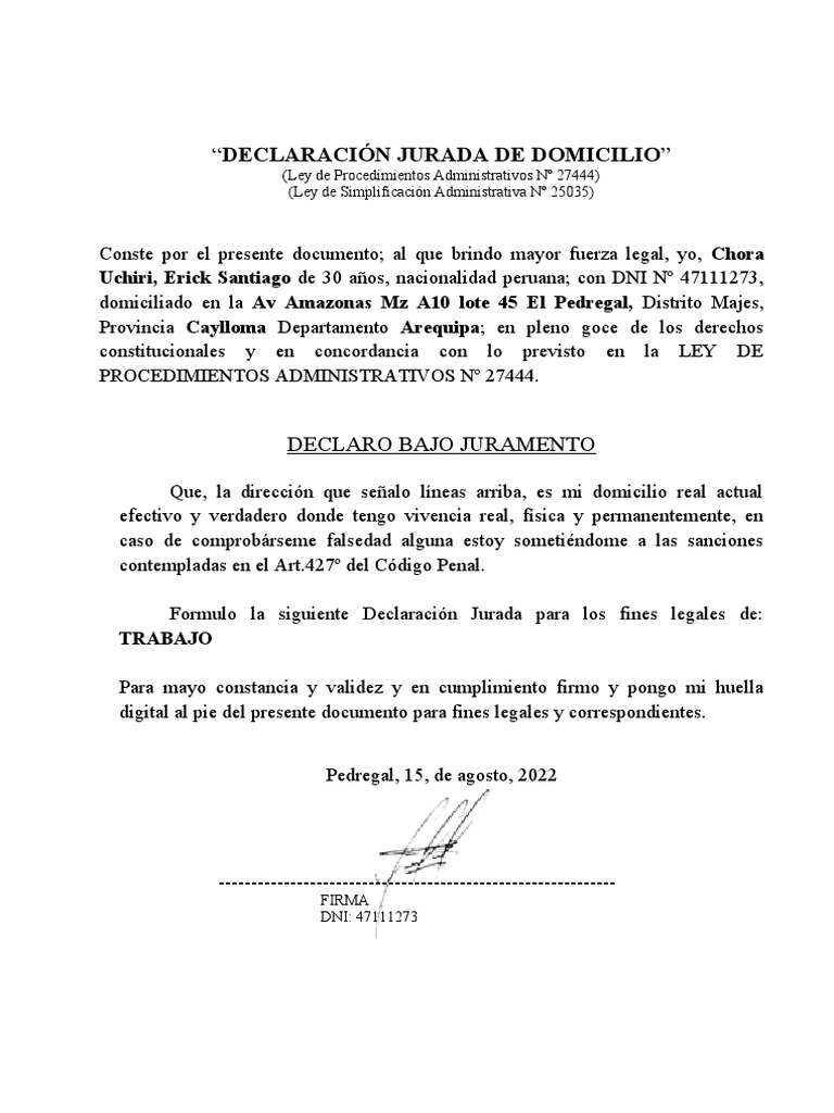 DECLARACION DOMICILIARIA PERSONAL.,doc | PDF | Derecho