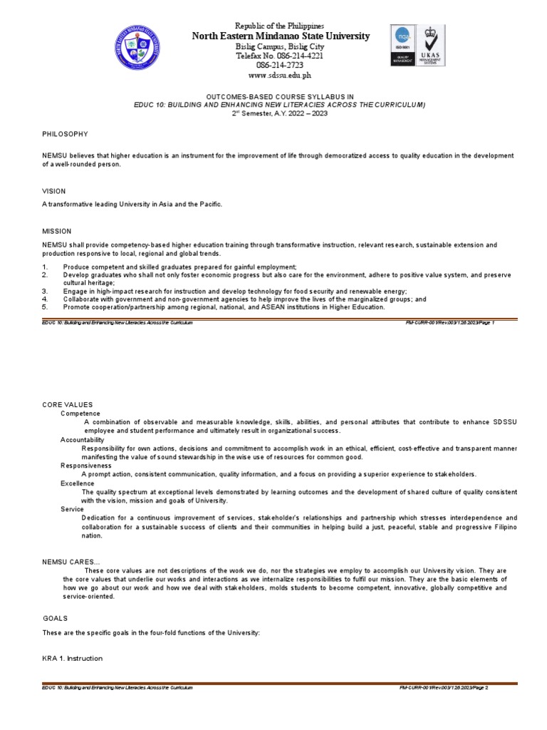 Educ 10 Final Syllabus | PDF | Literacy | Communication