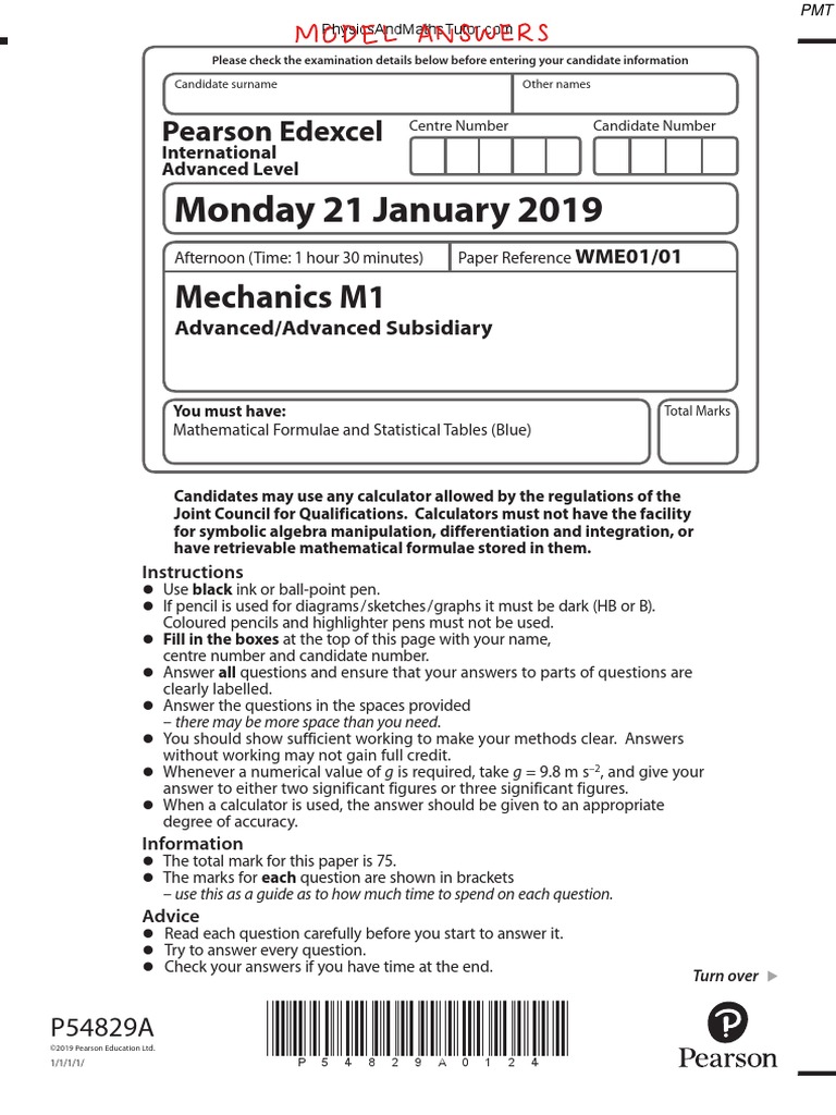 January 2019 (IAL) MA - M1 Edexcel | PDF | Calculator | Velocity