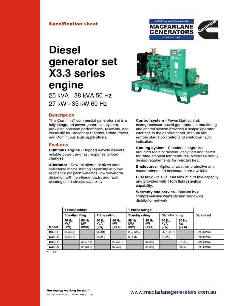 Cummins C33D5 Specification Sheet | PDF | Mains Electricity | Electric Generator