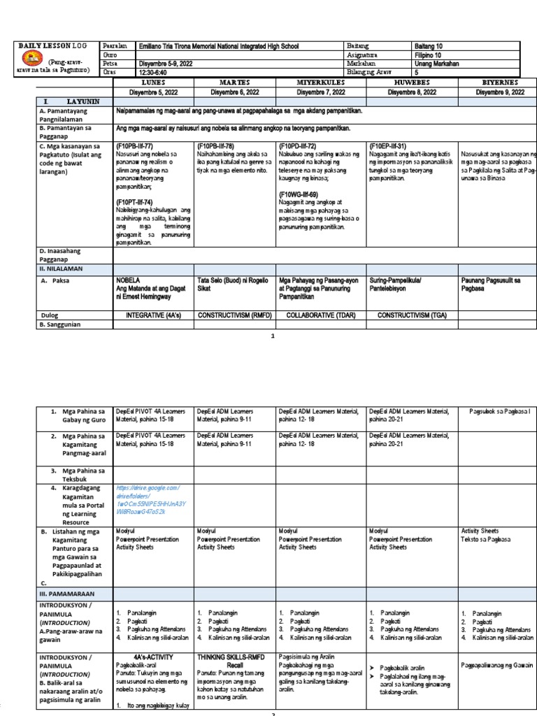 FIL.10 DLL Aralin Week 4 | PDF
