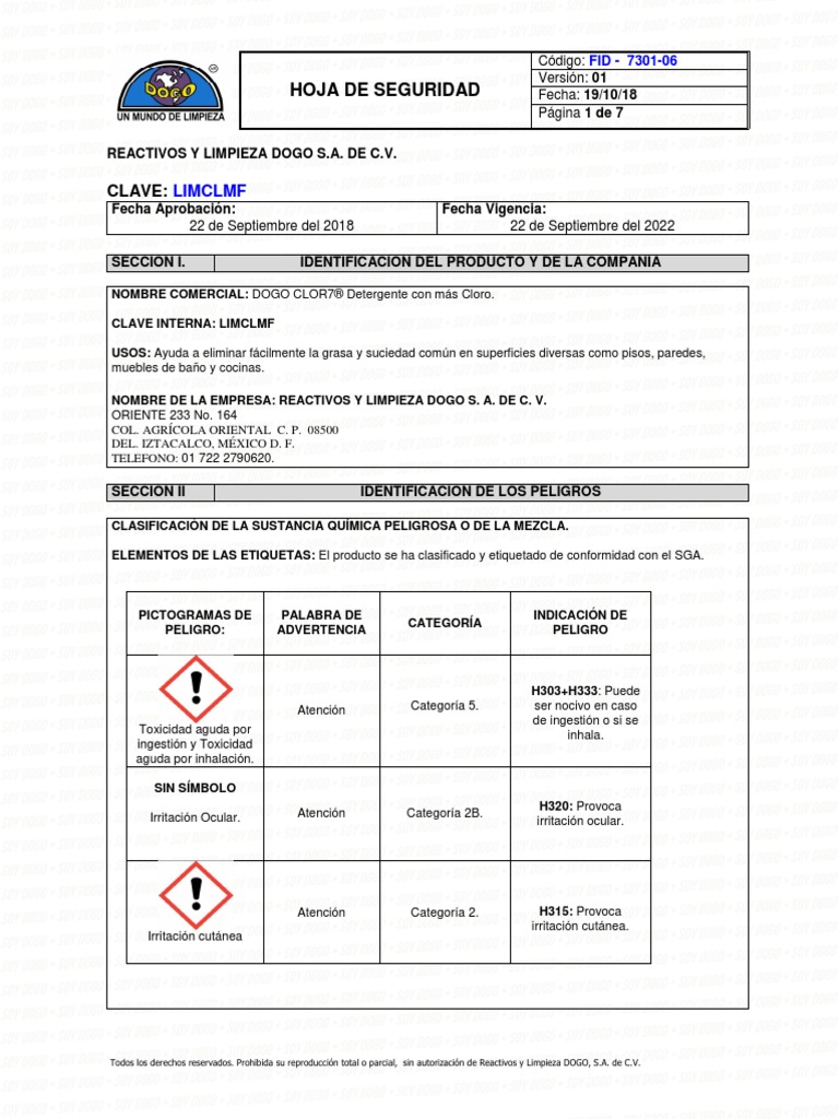 Hoja de Seguridad Cloro de Dogo | PDF | Agua | Cloro