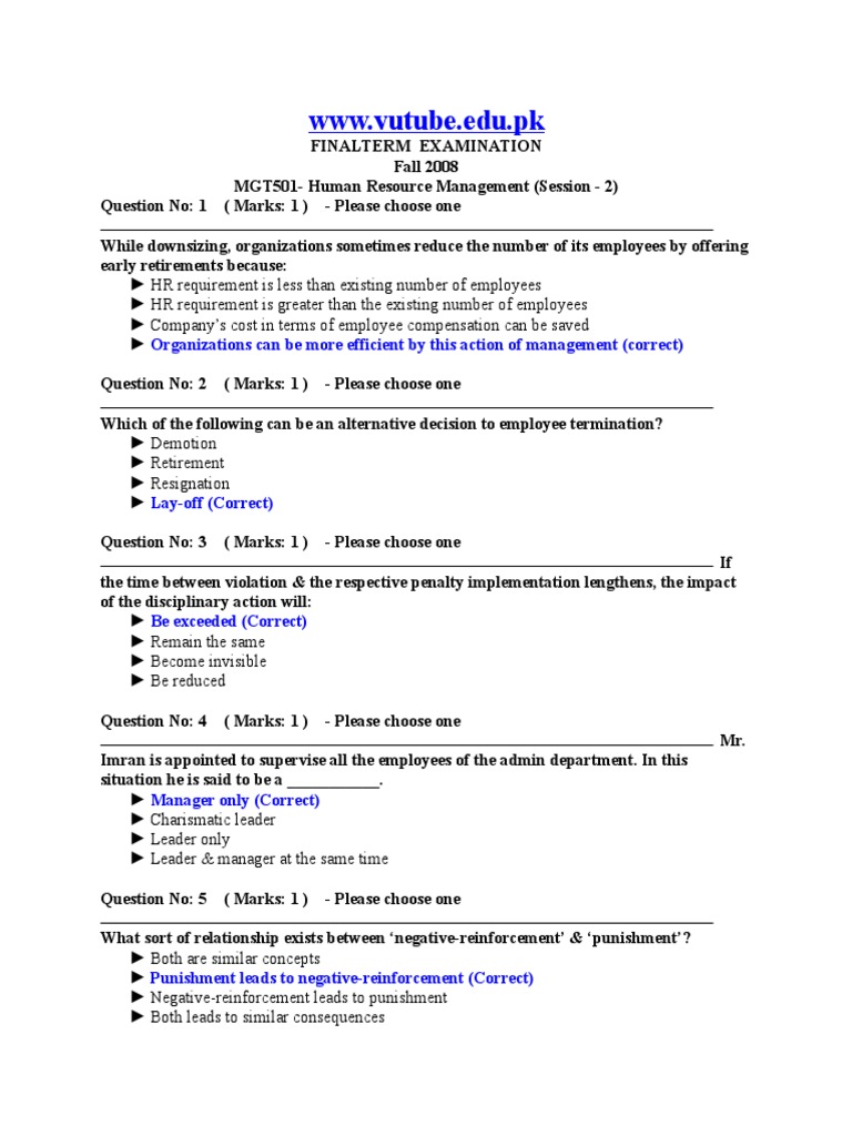 Human Resource Management - MGT501 Fall 2008 Final Term Paper Session 2 ...