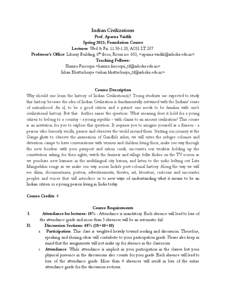 Indian Civilizations Course Syllabus | PDF | Academic Dishonesty