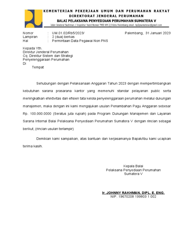 Surat Permohonan Penambahan Anggaran Dukungan Manajeman | PDF