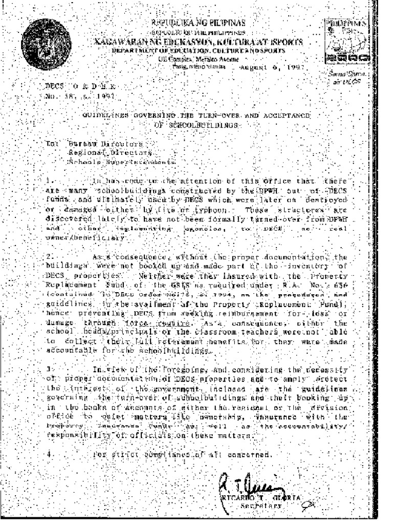 DepEd - DeCS Order 58 S1997 Guidelines Governing The Turnover and ...
