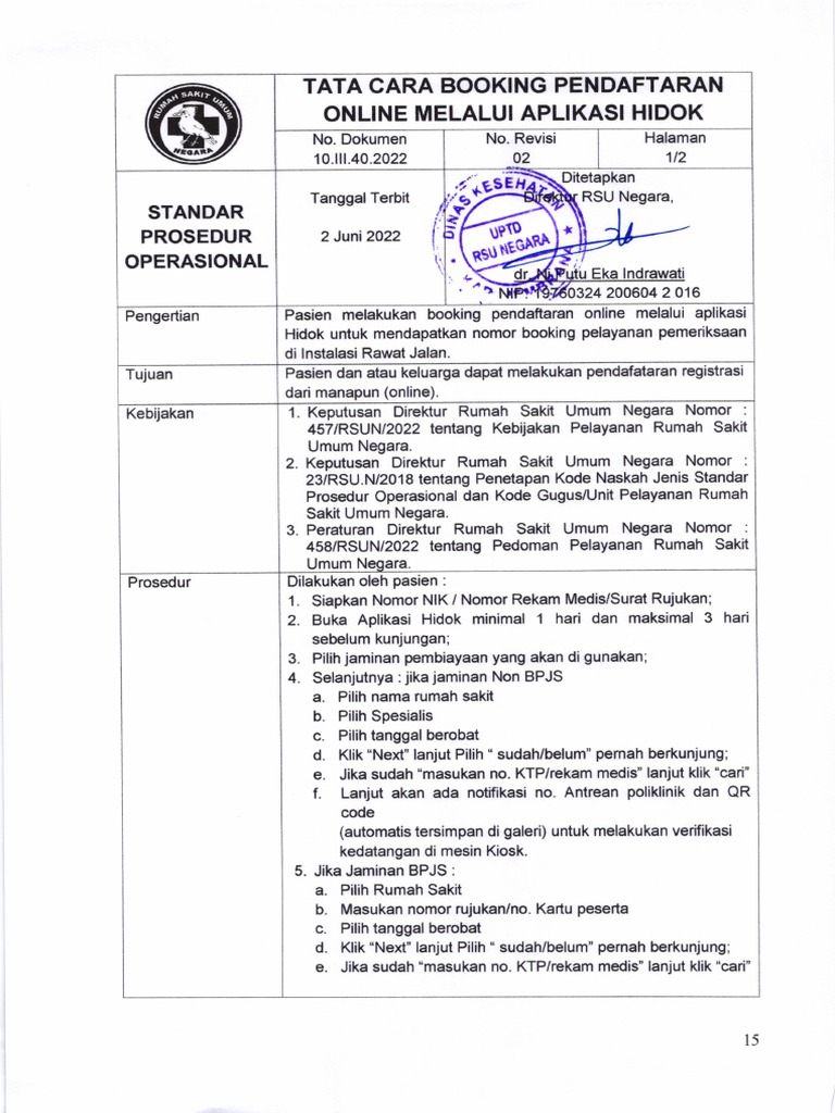 SPO Tata Cara Booking Pendaftaran Online Melalui Aplikasi HIDOK | PDF ...