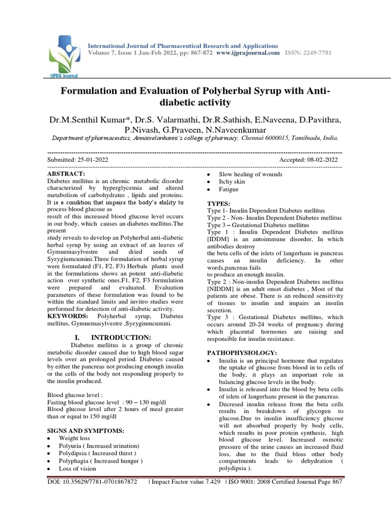 Formulation And Evaluation Of Polyherbal Syrup With Antidiabetic Activity Pdf Insulin Diabetes