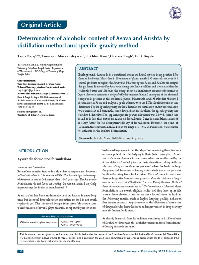 Determination of Alcoholic Content of Asava and Arishta by Distillation ...