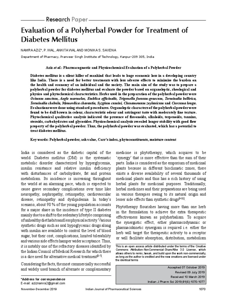 Evaluation of A Polyherbal Powder For Treatment of Diabetes Mellitus ...