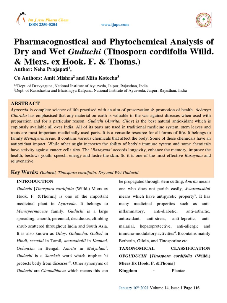 Pharmacognostical and Phytochemical Analysis of Dry and Wet Guduchi (Tinospora Cordifolia Willd ...