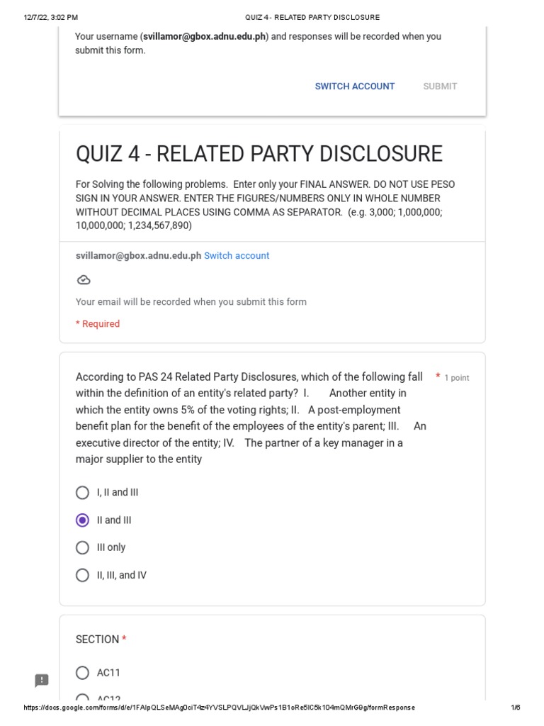 Quiz 4 - Related Party Disclosure | PDF | Financial Statement ...