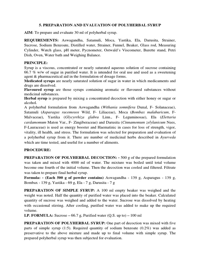 Exp No 5 Polyherbal Syrup Pdf Chemical Substances Physical Sciences
