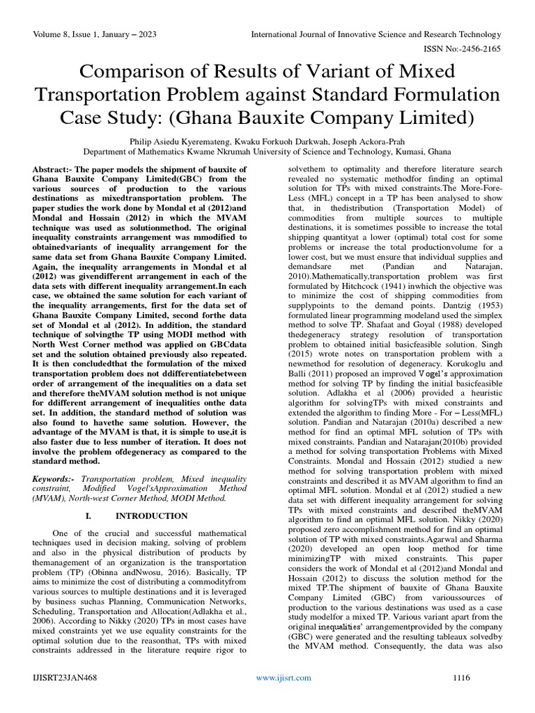 Comparison of Results of Variant of Mixed Transportation Problem Against Standard Formulation ...
